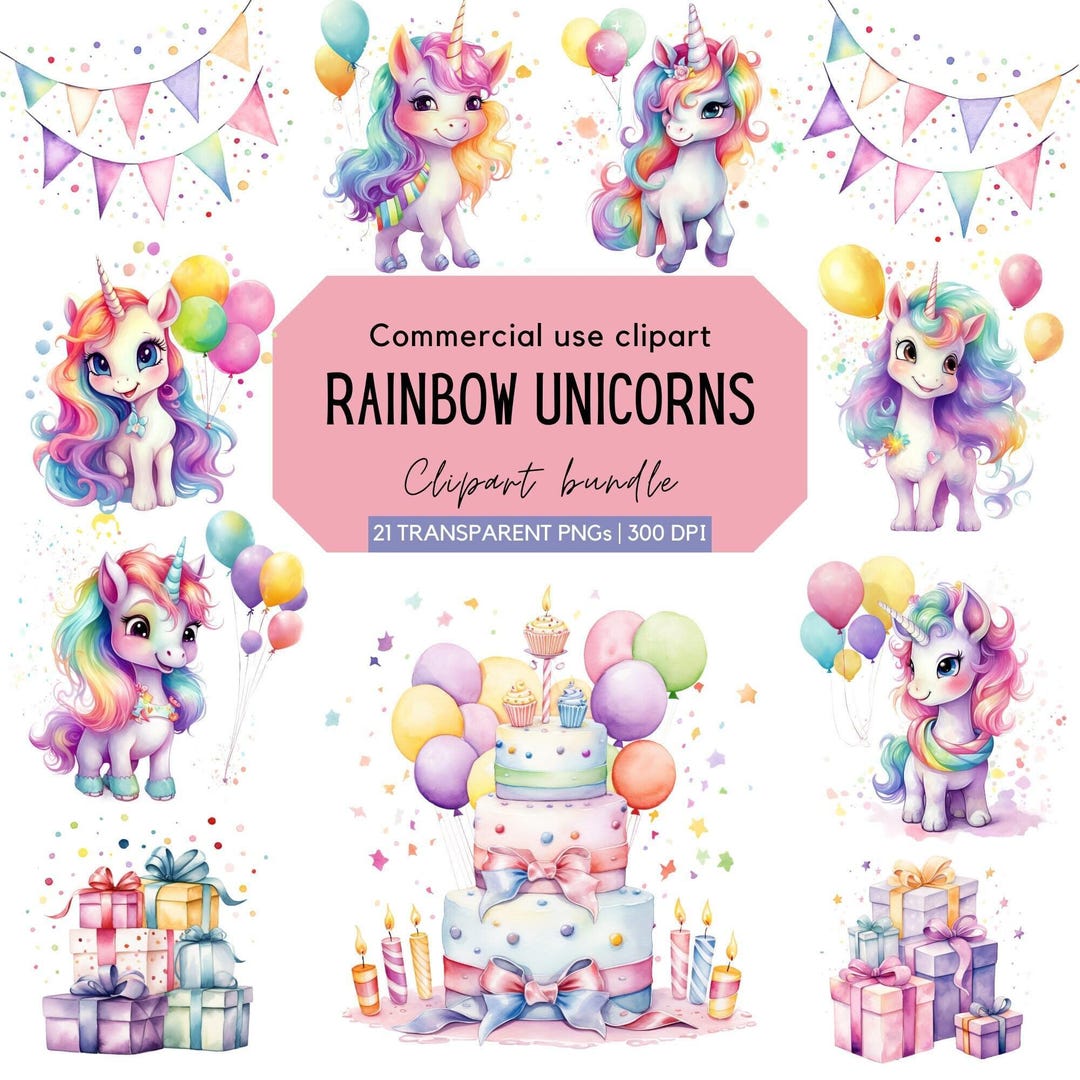 Watercolor Unicorn Clipart | Rainbow Clipart | Unicorn Party | Birthday ...