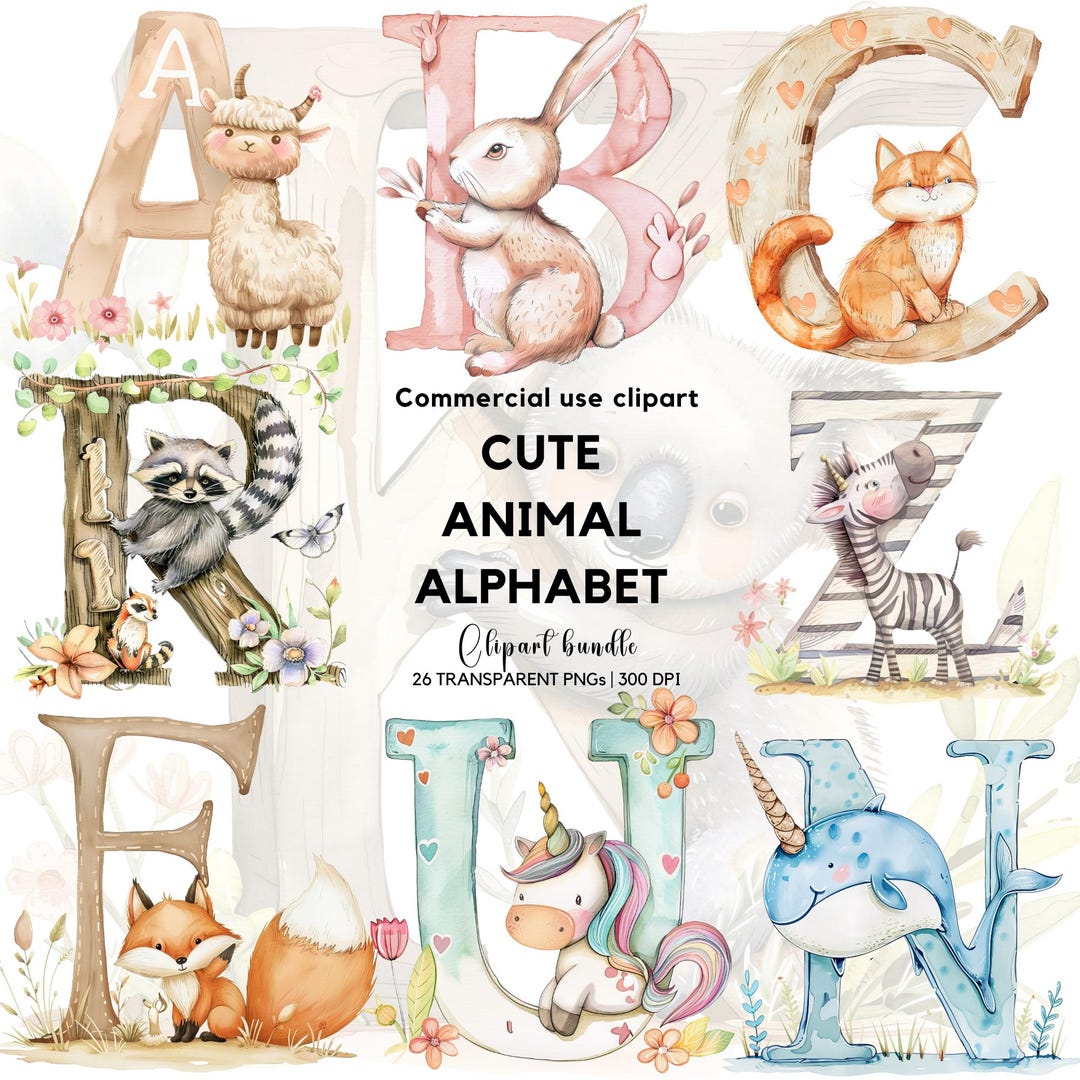 Watercolor Animal Alphabet Clipart: Nursery Decor (digital Download ...