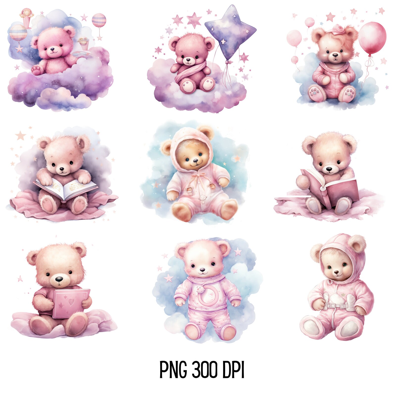 Pink Sleeping Teddy Bear Clipart Baby Shower Clipart Boho Teddy Bear ...
