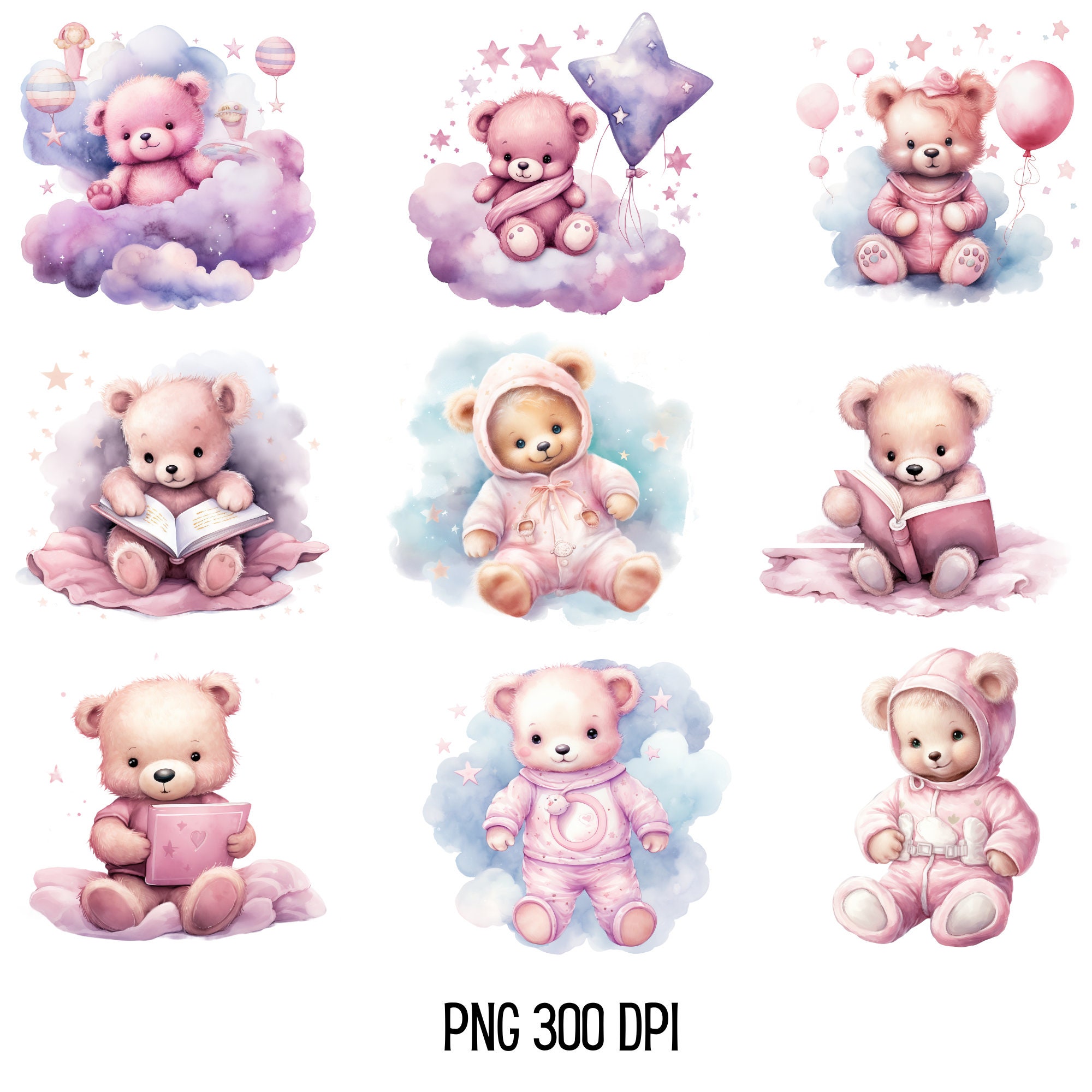 Pink Sleeping Teddy Bear Clipart Baby Shower Clipart Boho Teddy Bear ...