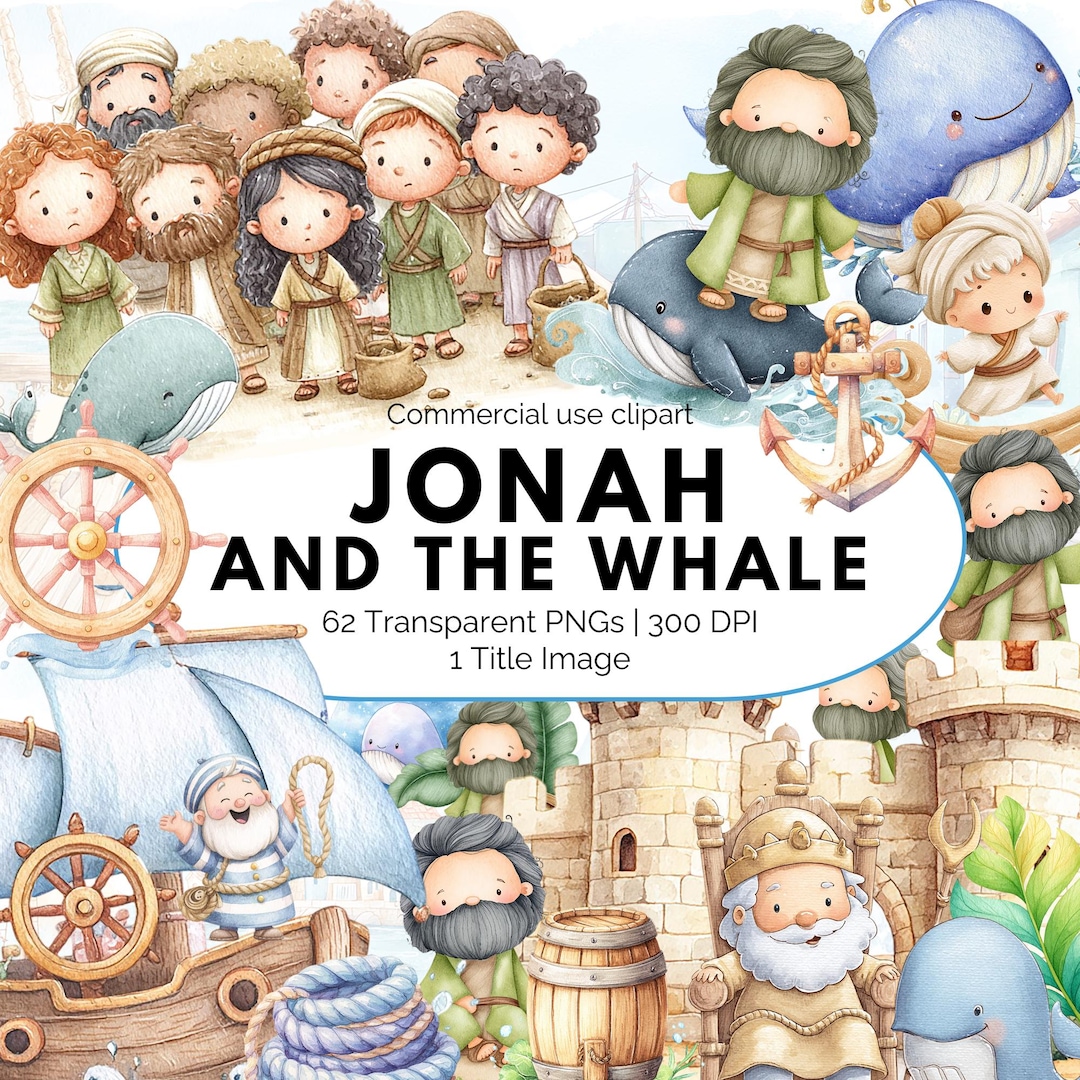 Jonah and the Whale Clipart Watercolor Bible Story PNG Cute Biblical ...