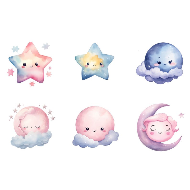 Moon and Stars Clipart Bundle, Watercolor Celestial Nursery PNG Set ...