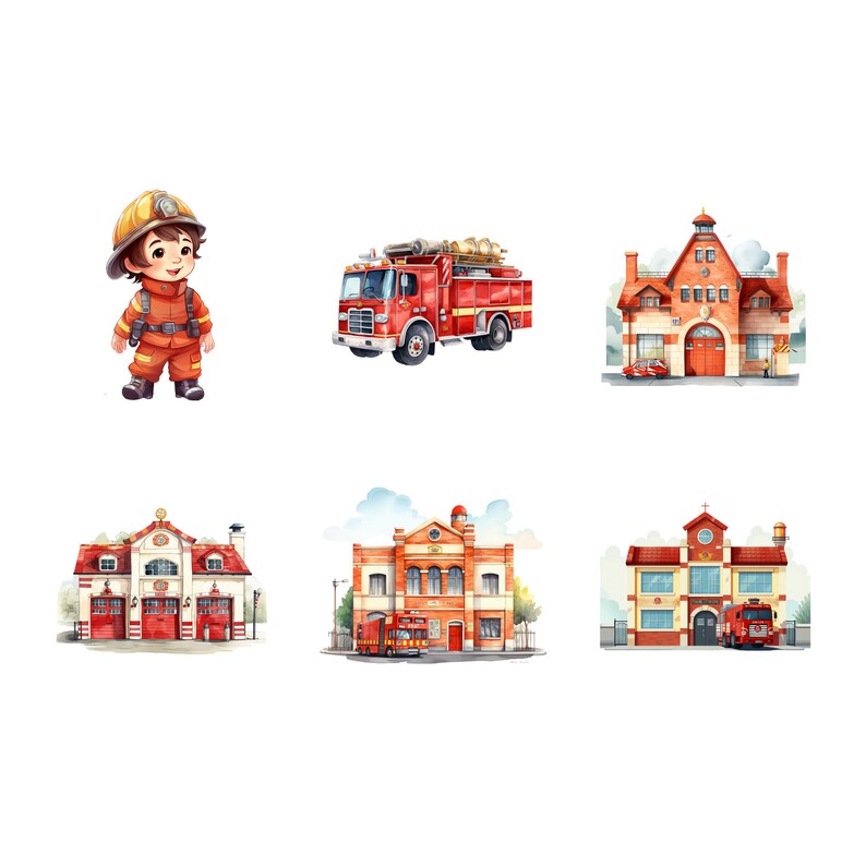 Watercolor Firetruck Clipart Firefighter Fire Station Fire Engine ...