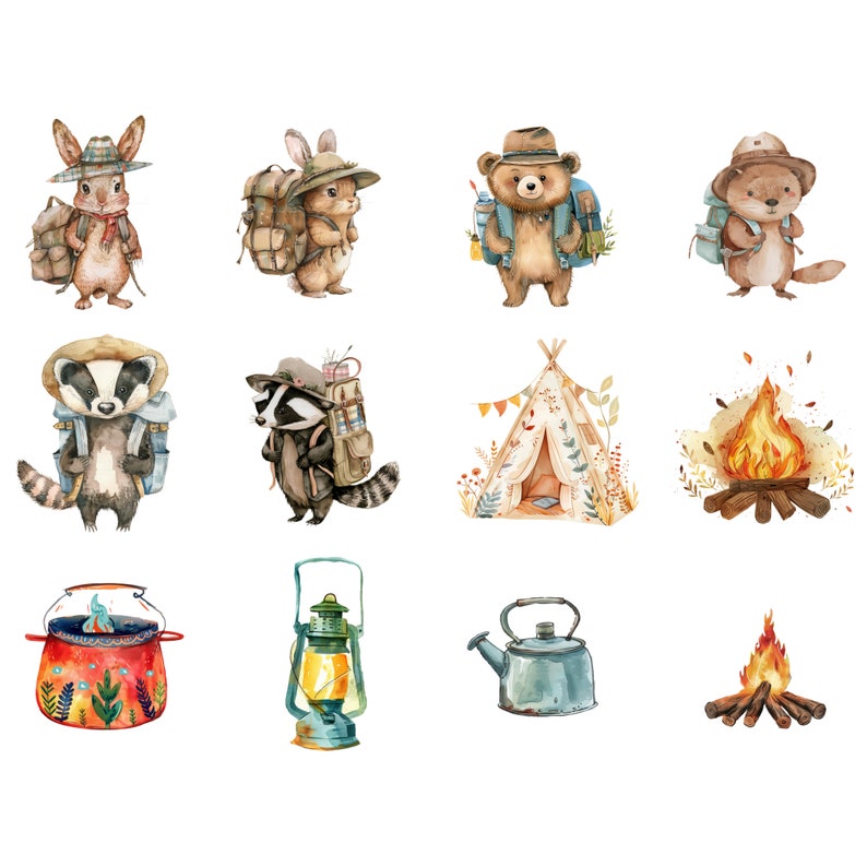 Watercolor Woodland Animals Go Camping Clipart Summer Camp Cute Animals ...