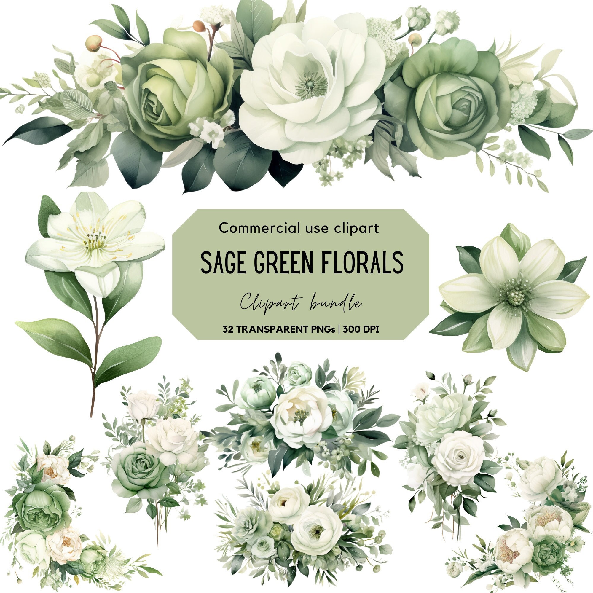 Watercolor Sage Green Floral Clipart Greenery Botanical Sage Green ...