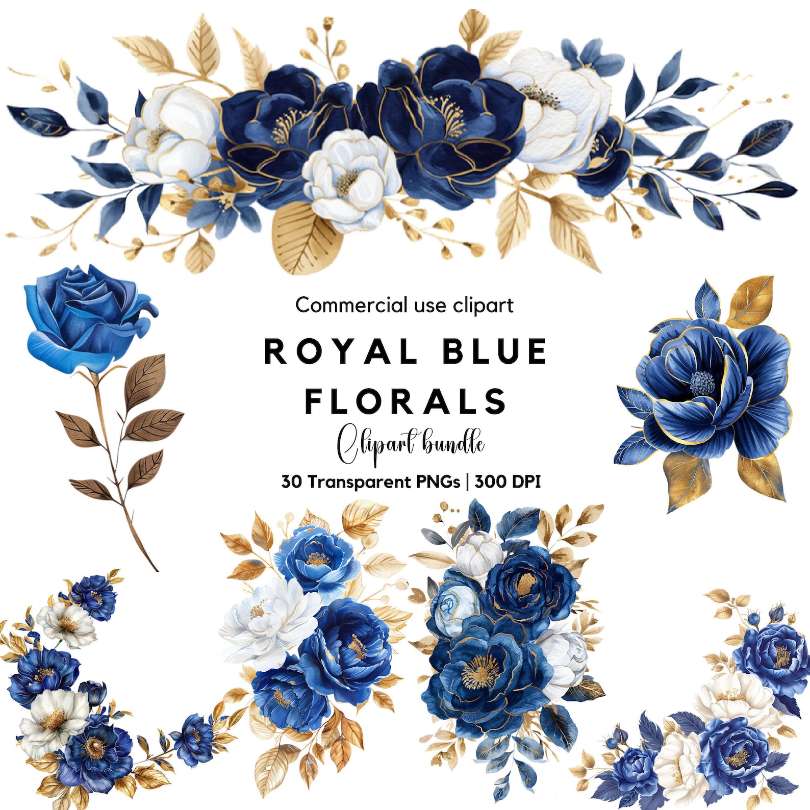 Watercolor Royal Blue Floral Clipart: Vintage Wedding Flowers (digital ...