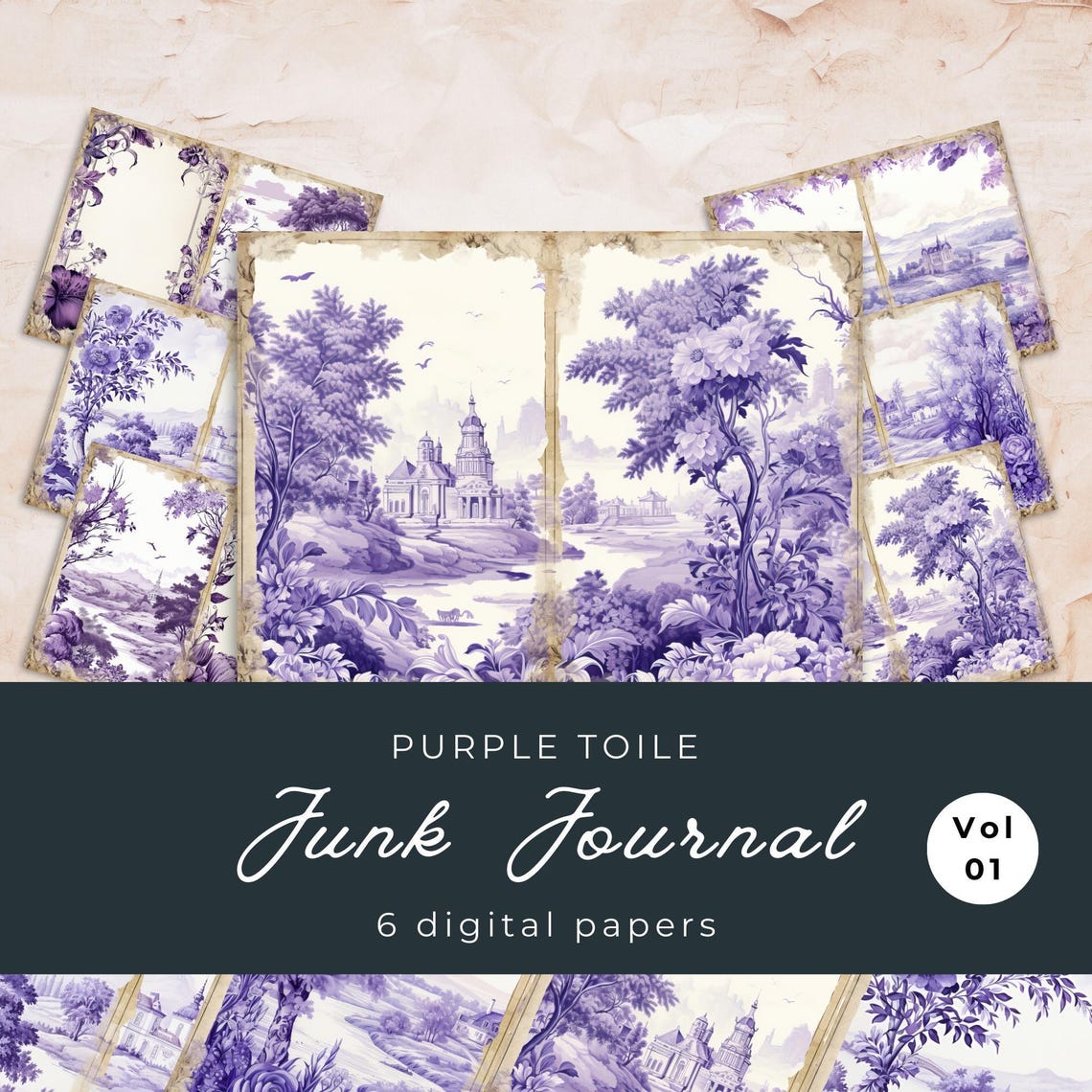 Purple Toile Junk Journal Pages: French Floral Ephemera (digital Paper ...