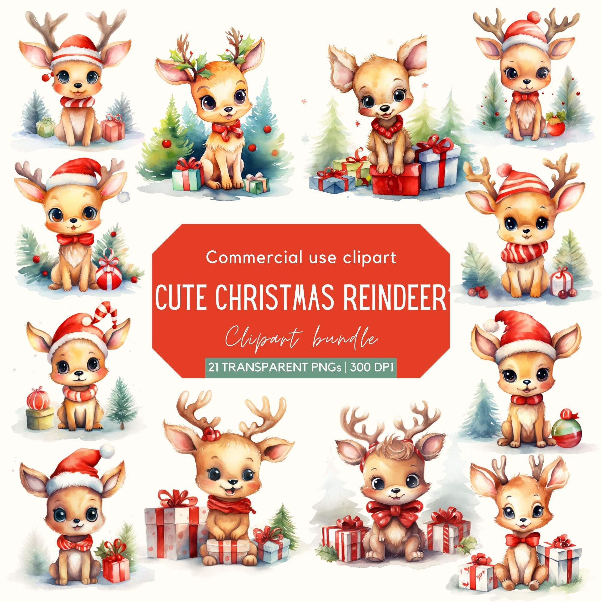 Cute Watercolor Christmas Reindeer Clipart Winter Holidays - Etsy