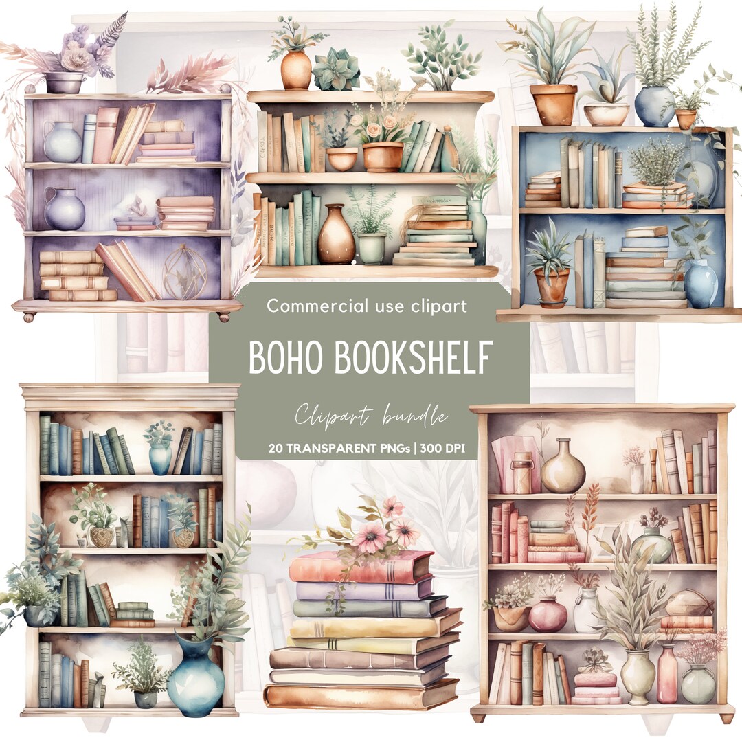 Watercolor Boho Bookshelf Clipart | Bookworm | Library | Book Lover ...