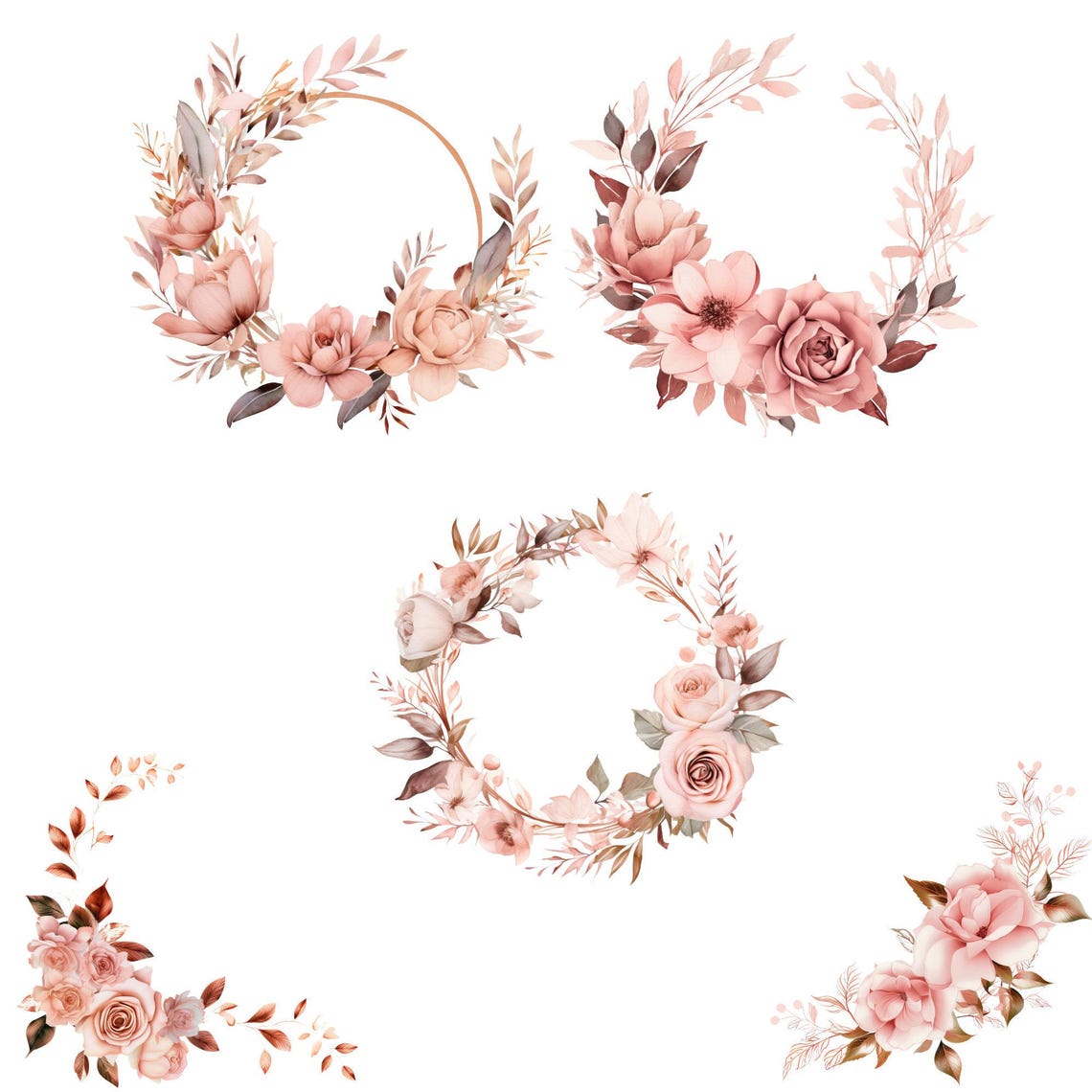 Blush Pink & Rose Gold Floral Clipart: Wedding Invitation Flowers ...