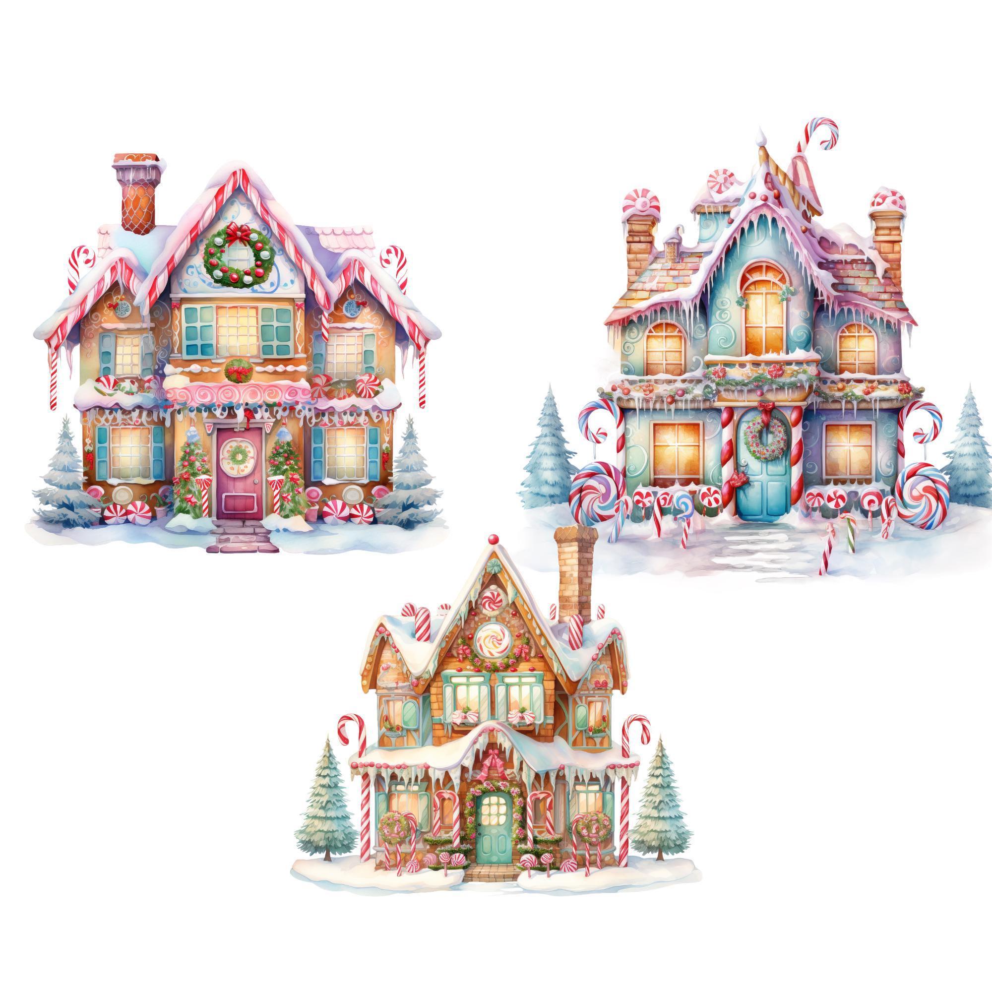 Watercolor Christmas Candyland Houses Clipart: Gingerbread Village ...