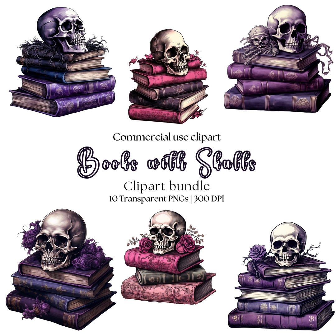 Watercolor Skulls With Books Clipart | Gothic Skull Png | Gothic Books ...