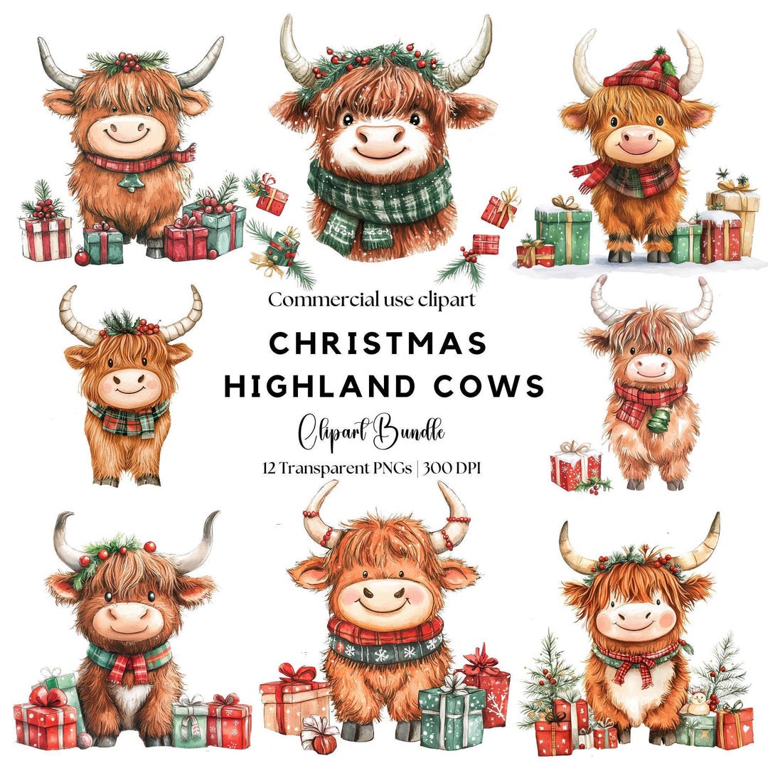 Christmas Highland Cow Watercolor Clipart: Festive PNG Bundle - Etsy