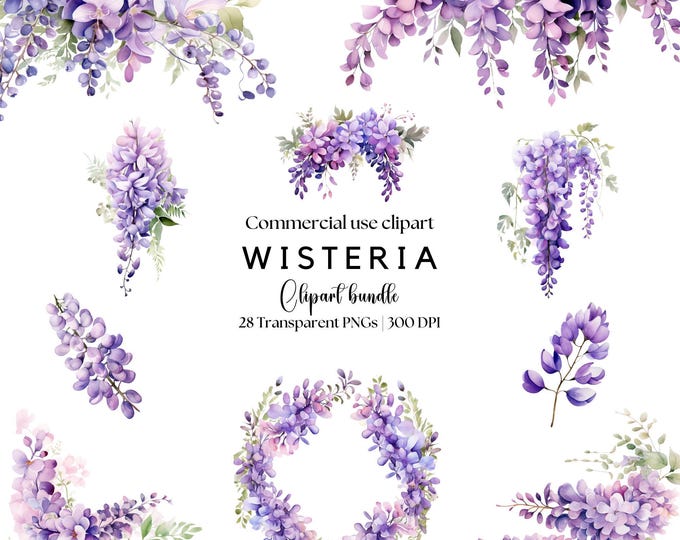 Wisteria Clipart, Watercolor Floral PNG, Digital Download for Crafts ...