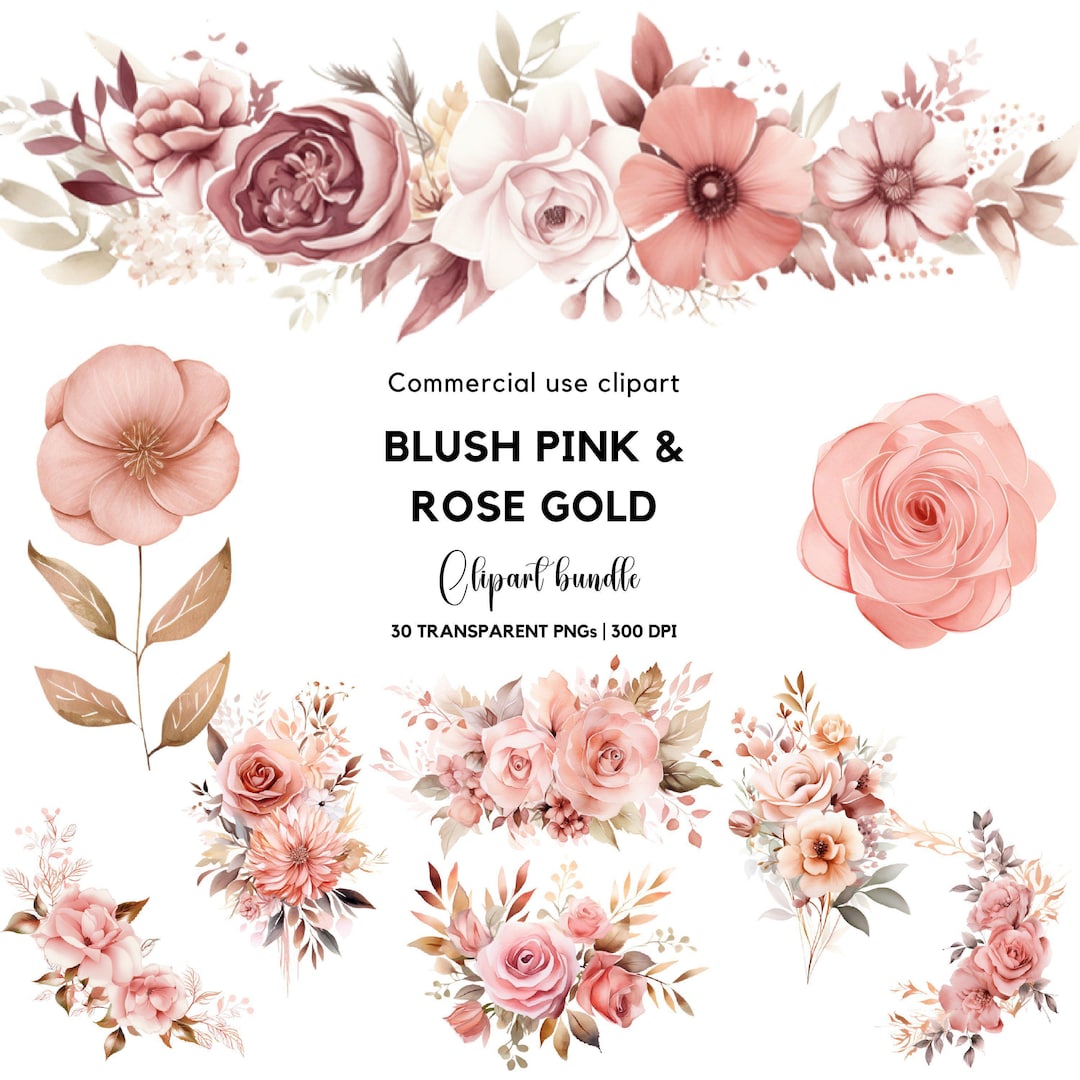 Blush Pink & Rose Gold Floral Clipart: Wedding Invitation Flowers ...