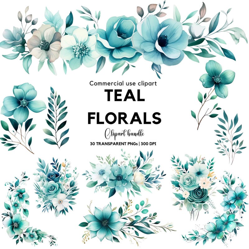 Aqua Flowers Clipart - Etsy