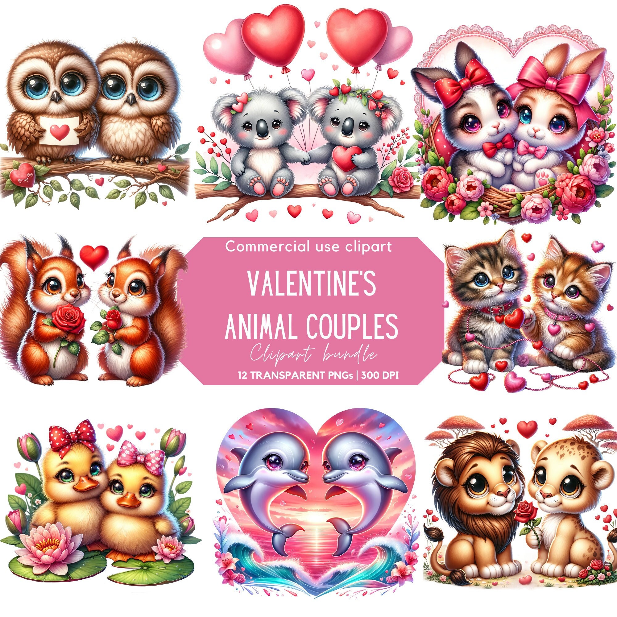 Valentines Animal Couples Clipart Cute Animal Romantic Valentines Day ...