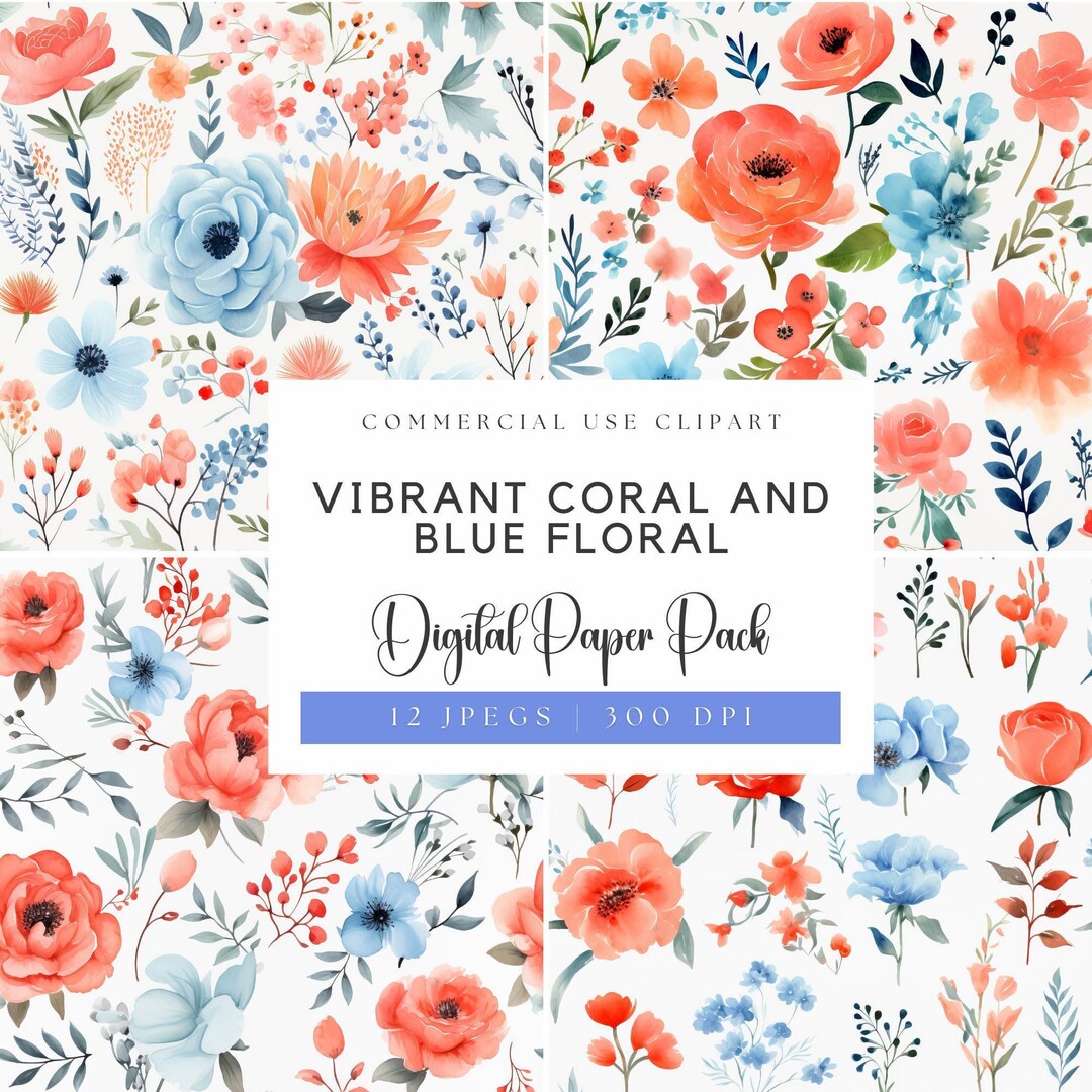Coral & Blue Floral Digital Paper: Watercolor Wedding Designs (300 DPI ...
