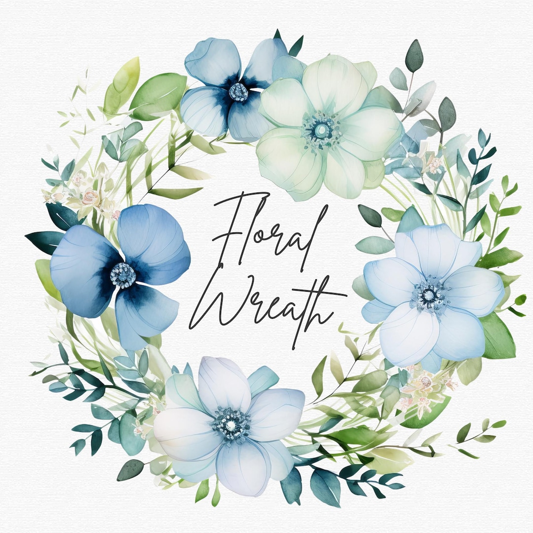 Blue Floral Wreath Clipart: Watercolor Flower Frame (PNG Digital ...