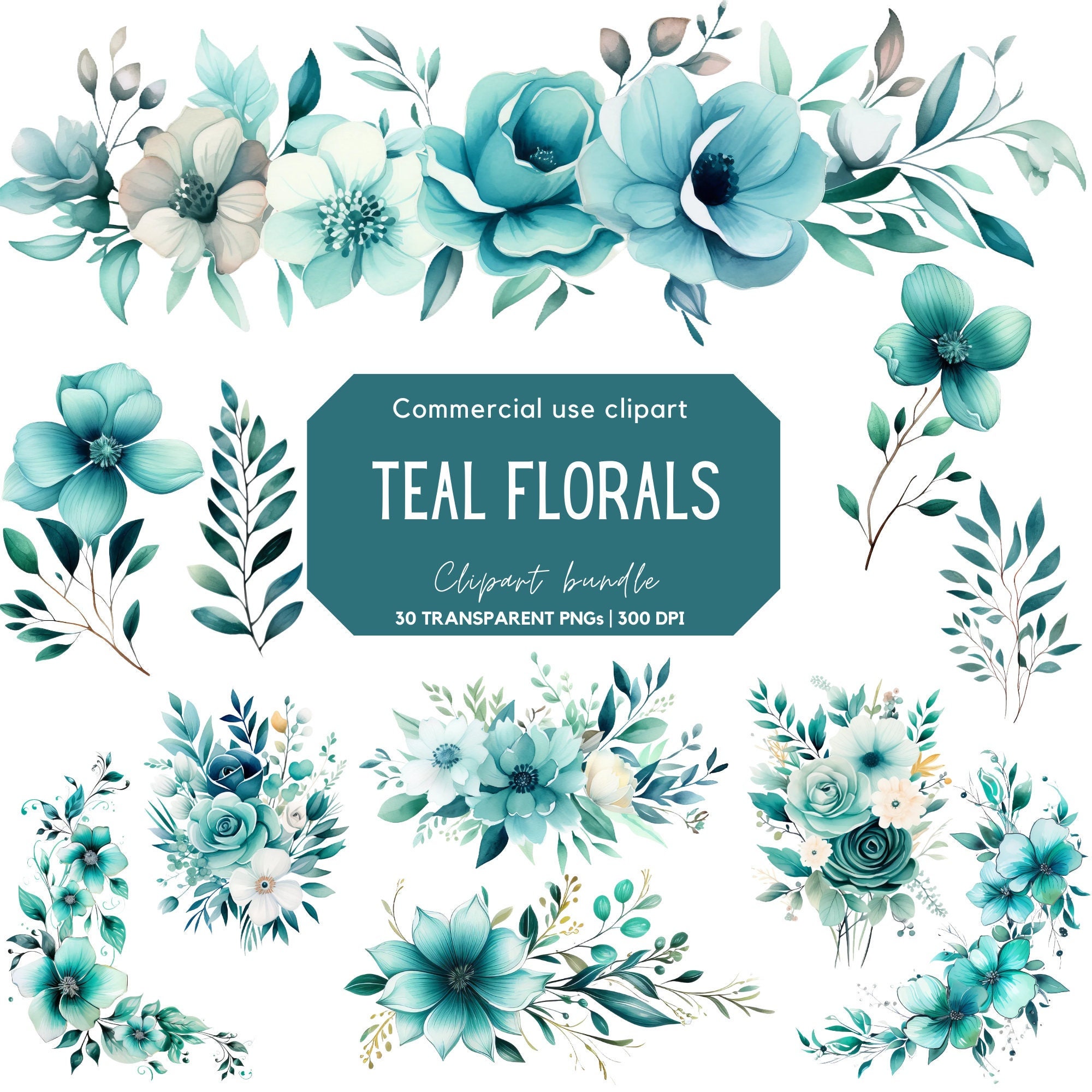 Teal Floral Clipart Teal Flowers Png Blue Floral Wedding Invitation ...
