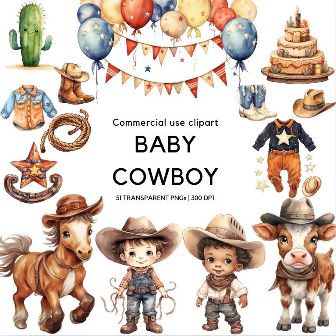 Baby Cowboy Clipart Set, Western Baby Shower Decor, Cute Watercolor ...