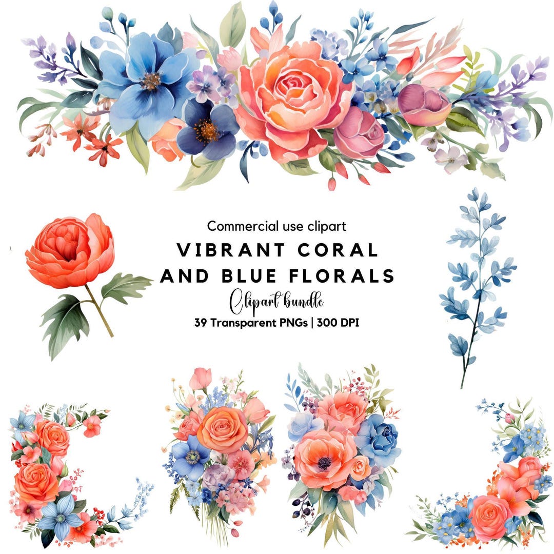 Vibrant Coral and Blue Floral Clipart | Bright Pink Florals | Blue ...