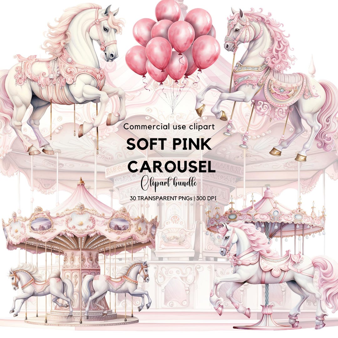 Watercolor Pink Carousel Clipart: Pony Carnival Graphics (digital ...