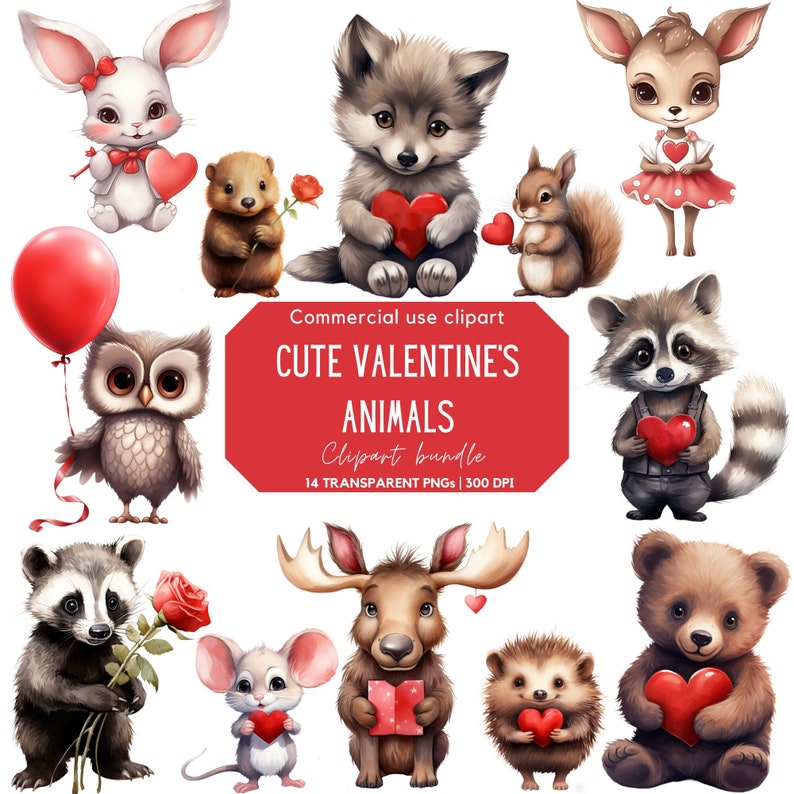 Valentines Cute Animal Clipart Baby Animals romantic Clipart Bear Fox ...