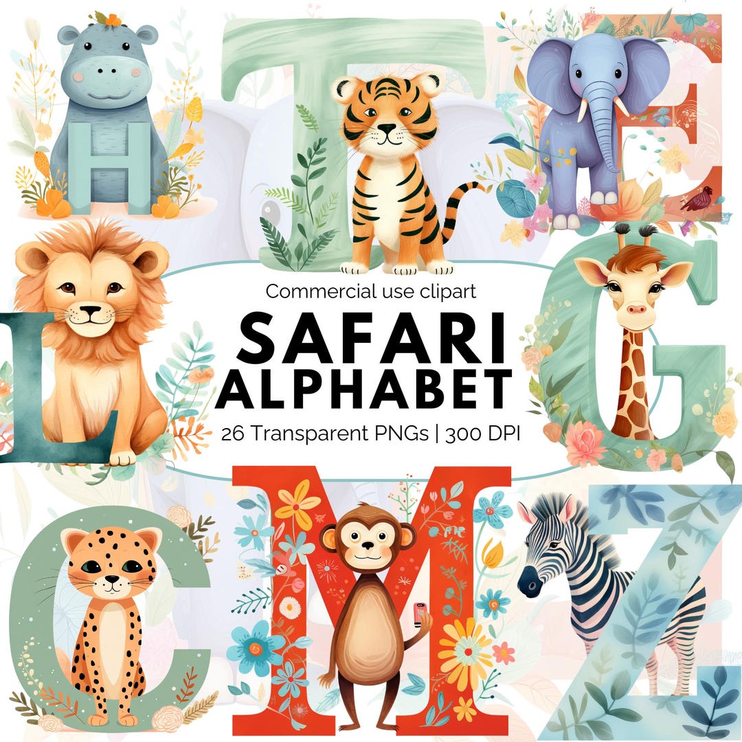 Safari Alphabet Clipart Bundle, Watercolor Jungle Animal Letters A–Z ...