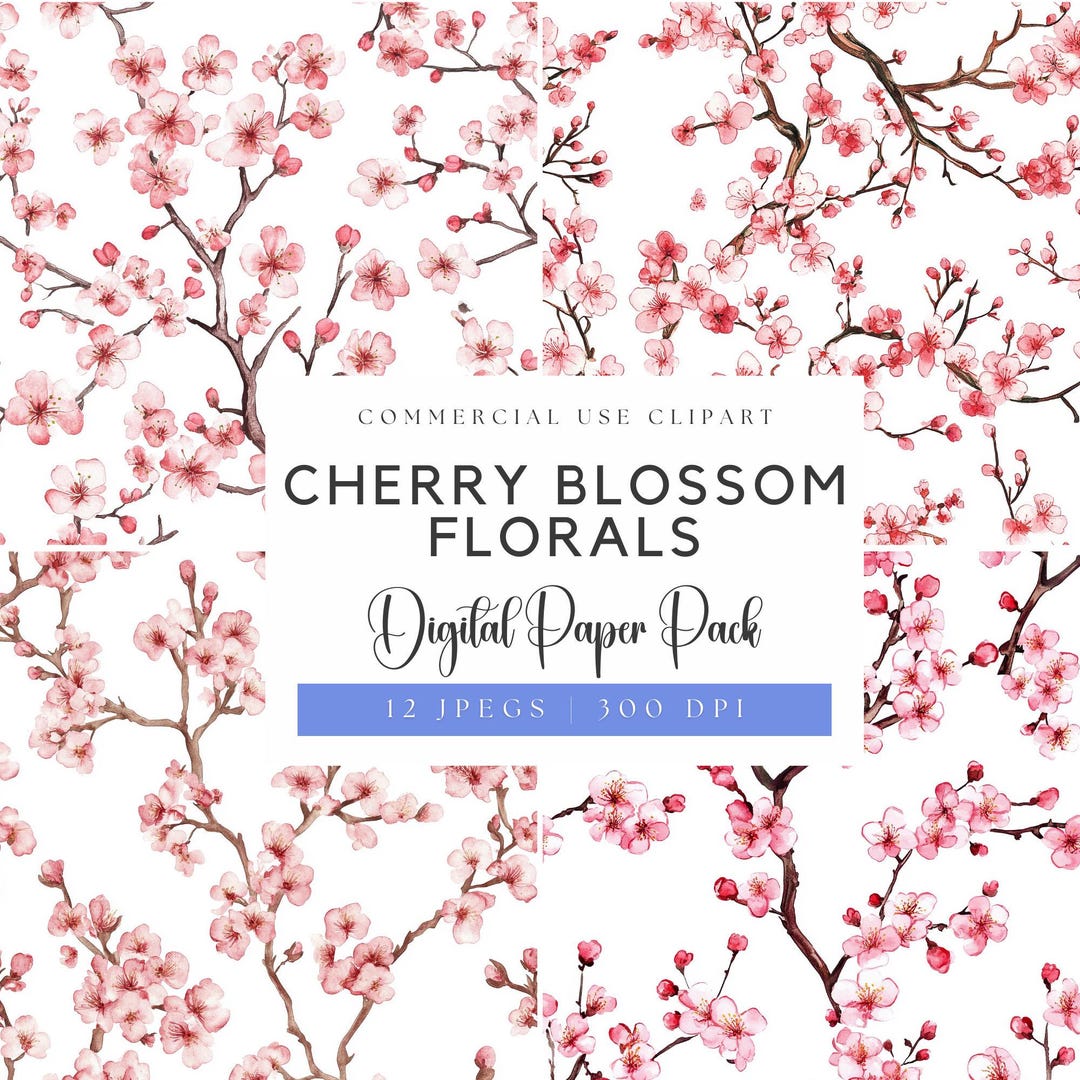 Watercolor Cherry Blossom Digital Papers: Spring Floral Backgrounds ...