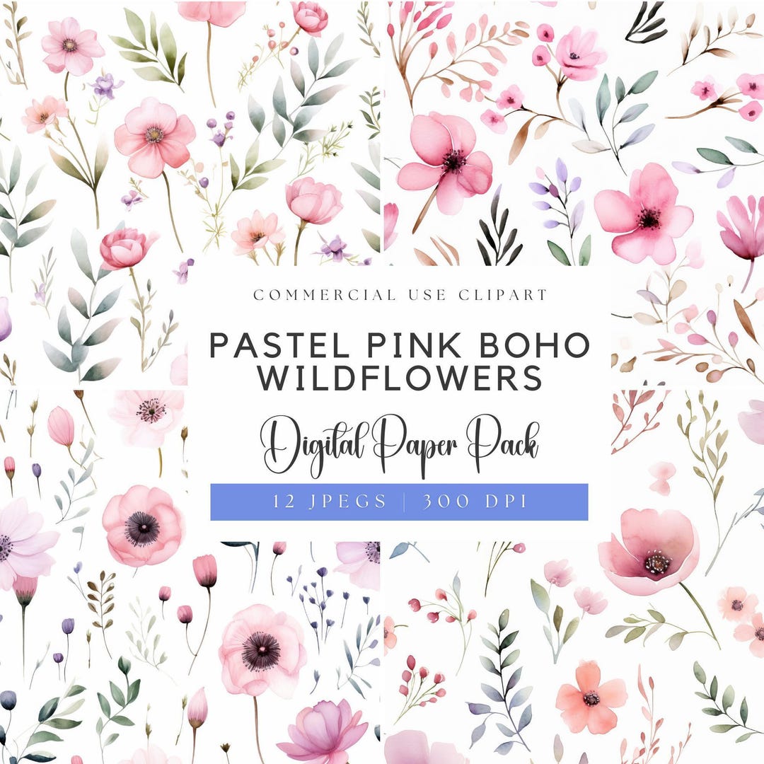 Pastel Pink Boho Wildflowers Digital Papers: Watercolor Floral (digital ...