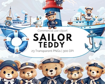 Teddy Bear Sailor Clipart: Nautical Nursery Art (PNG Digital Download ...