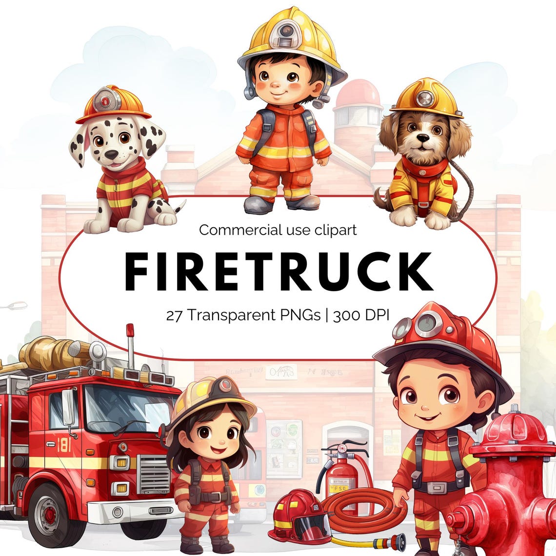 Cute Firefighter and Firetruck PNG Graphics for Party Decor and Crafts ...