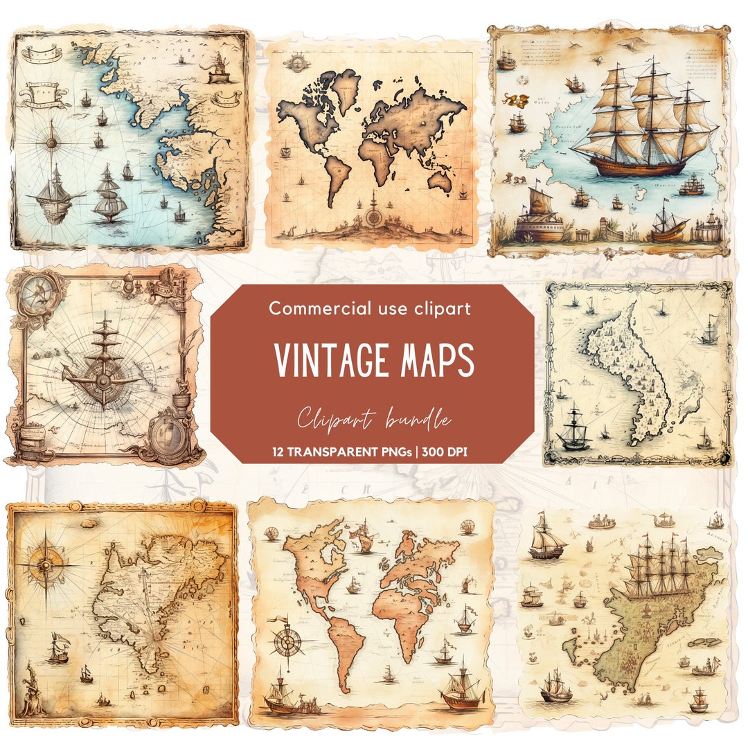 Vintage Maps Clipart Pack | World Maps | Map Paper | Digital ...