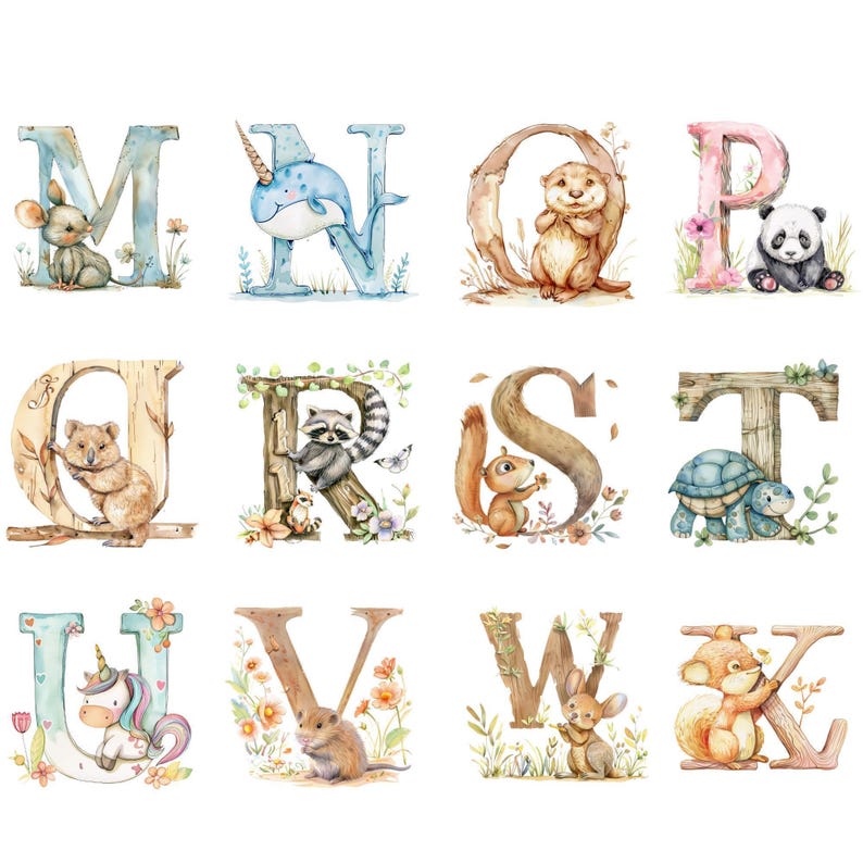 Cute Watercolor Animal Alphabet Clipart Set, Nursery Decor PNG Bundle ...