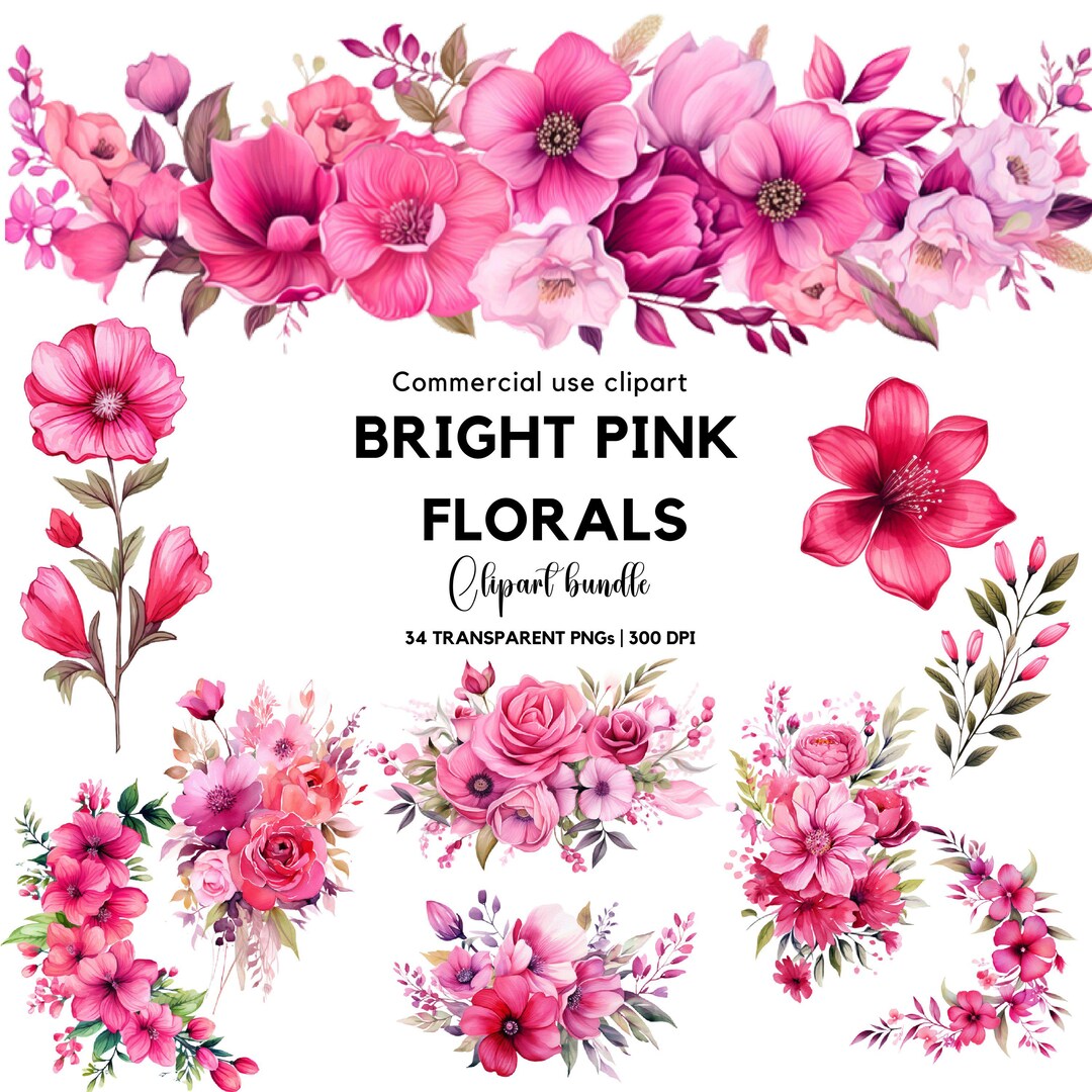 Bright Pink Floral Clipart | Pink Flower | Hot Pink Flower | Wedding ...