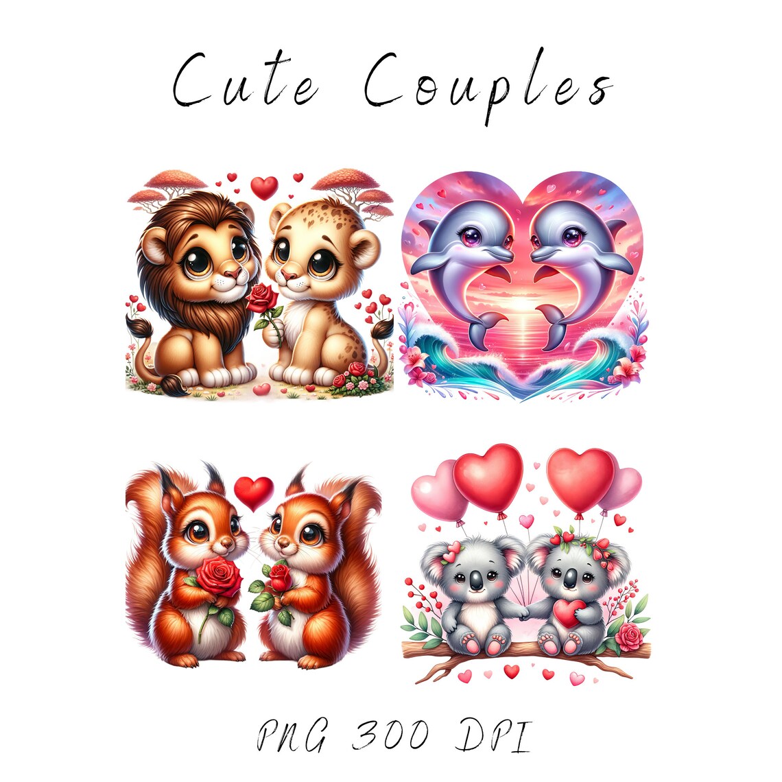 Valentines Animal Couples Clipart Cute Animal Romantic Valentines Day ...