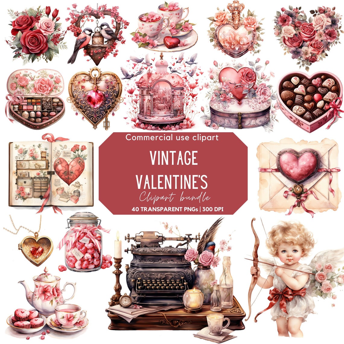 Watercolor Vintage Valentine's Clipart Nostalgic Valentines Retro ...