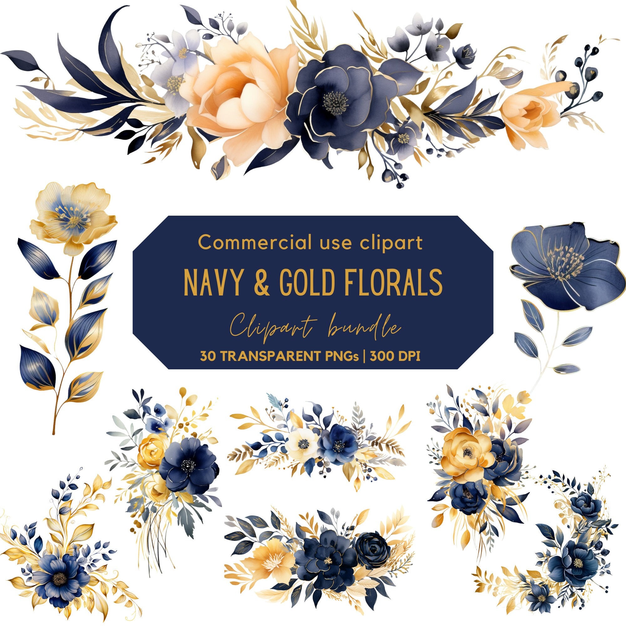 Navy and Gold Floral Clipart Navy Blue Flower Navy Blue Gold Roses ...