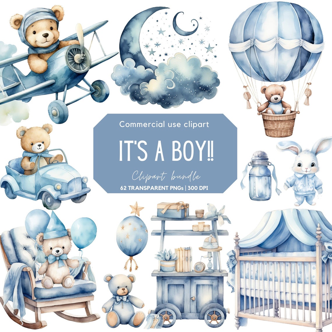 Its a Boy Clipart Pack Blue Baby Shower Nursery Wall Art Baby Boy ...