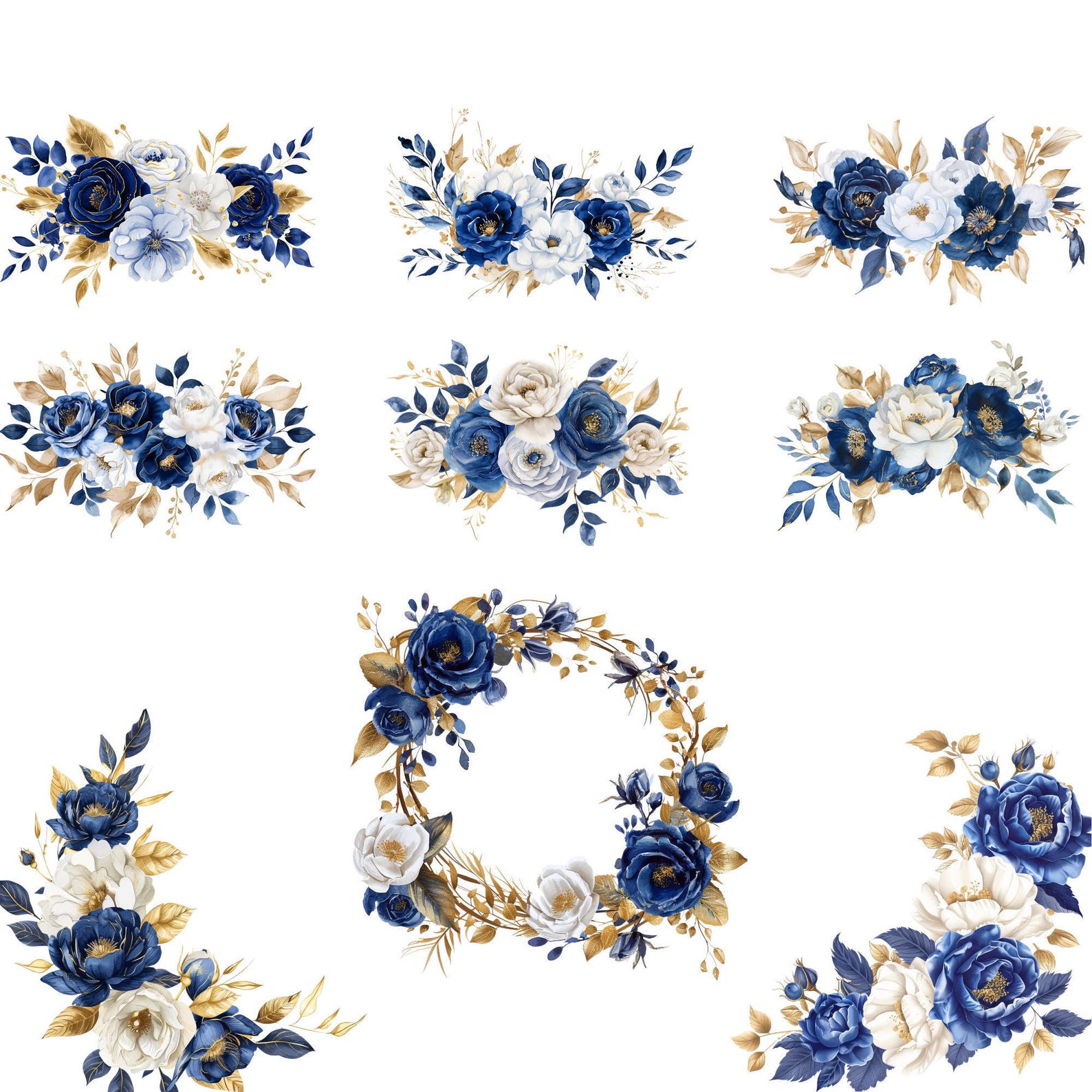 Watercolor Royal Blue Floral Clipart: Vintage Wedding Flowers (digital ...