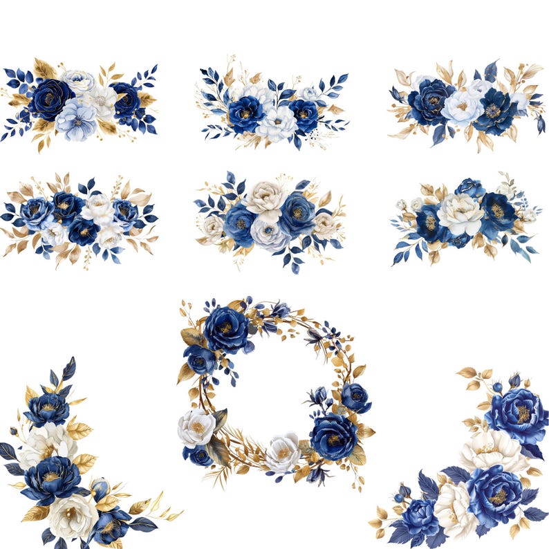 Watercolor Royal Blue Floral Clipart: Vintage Wedding Flowers (digital ...