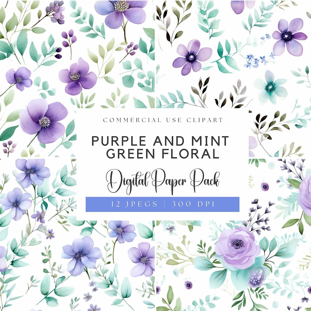 Purple Mint Green Floral Digital Papers: Watercolor Flowers (300 DPI ...