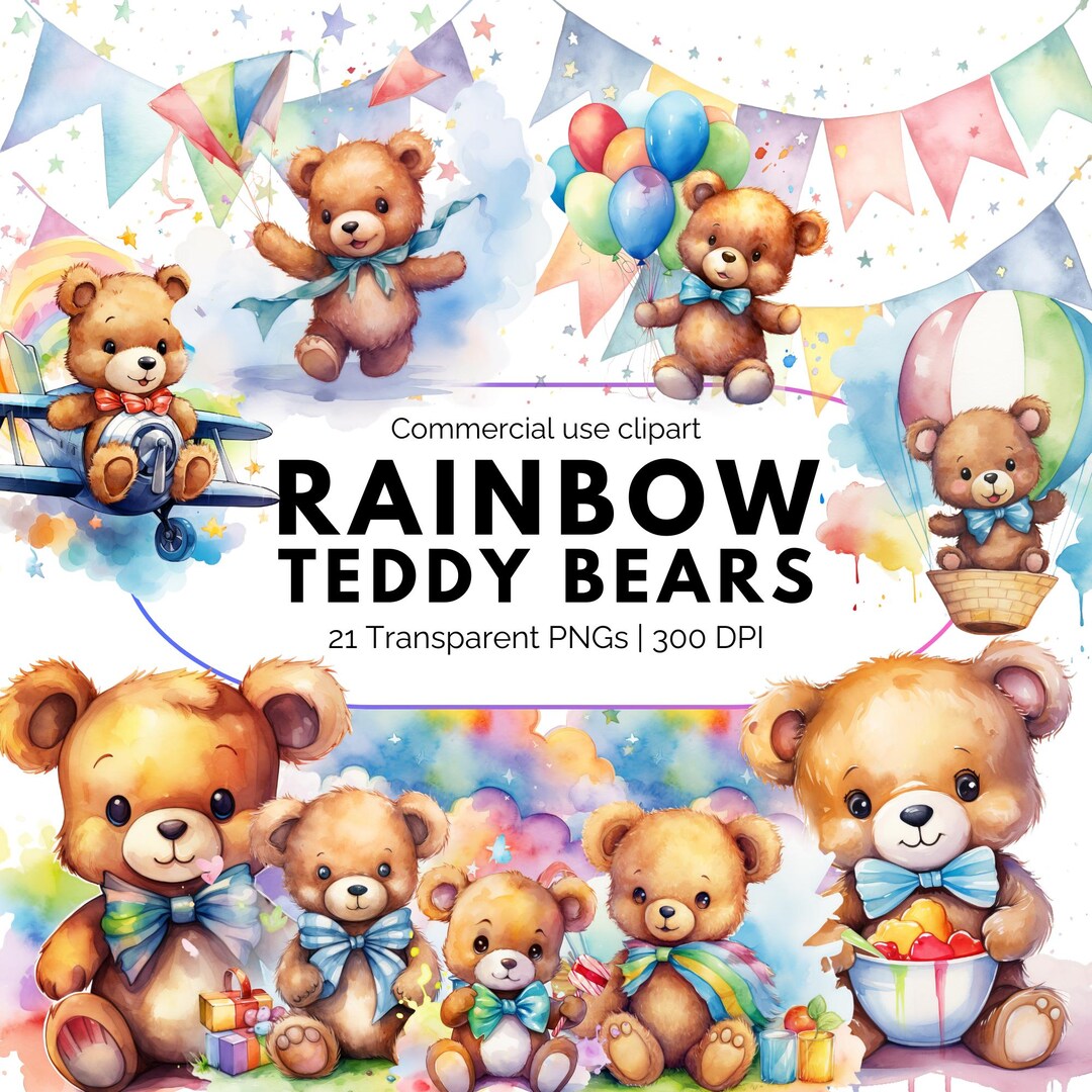 Rainbow Teddy Bear Clipart Bundle, Cute Baby Bear PNG With Balloons ...