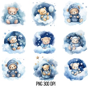 Blue Sleeping Teddy Bear Clipart Baby Shower Clipart Boho Teddy Bear ...
