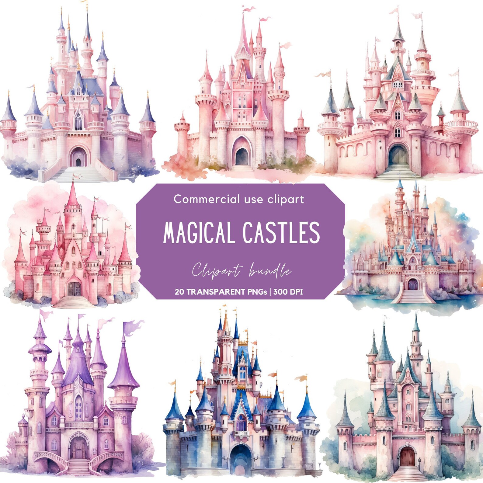 Watercolor Magical Castle Clipart Magical Kingdom Fairytale Castle ...
