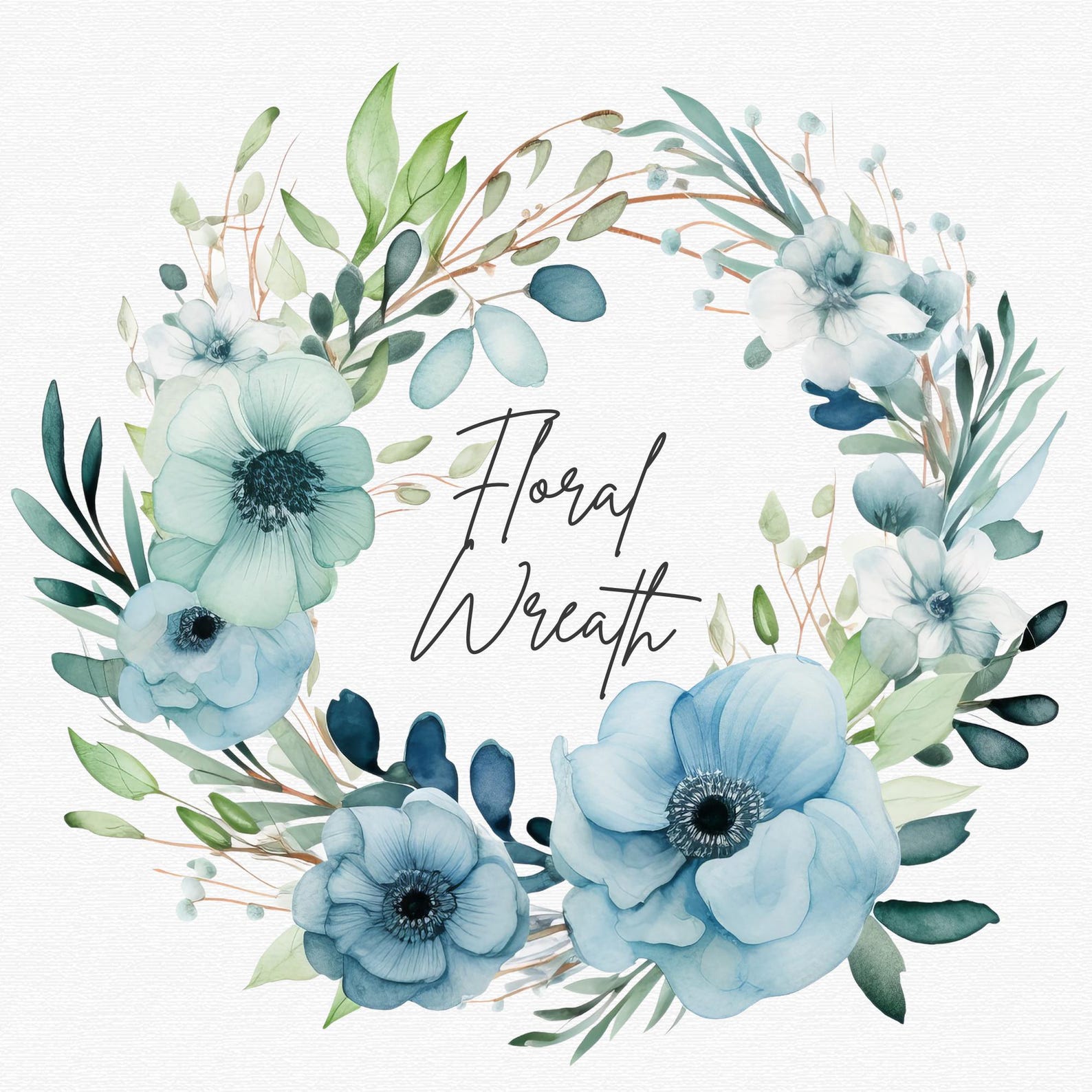 Blue Floral Watercolor Wreath Clipart: Wedding Invitation Design (PNG ...