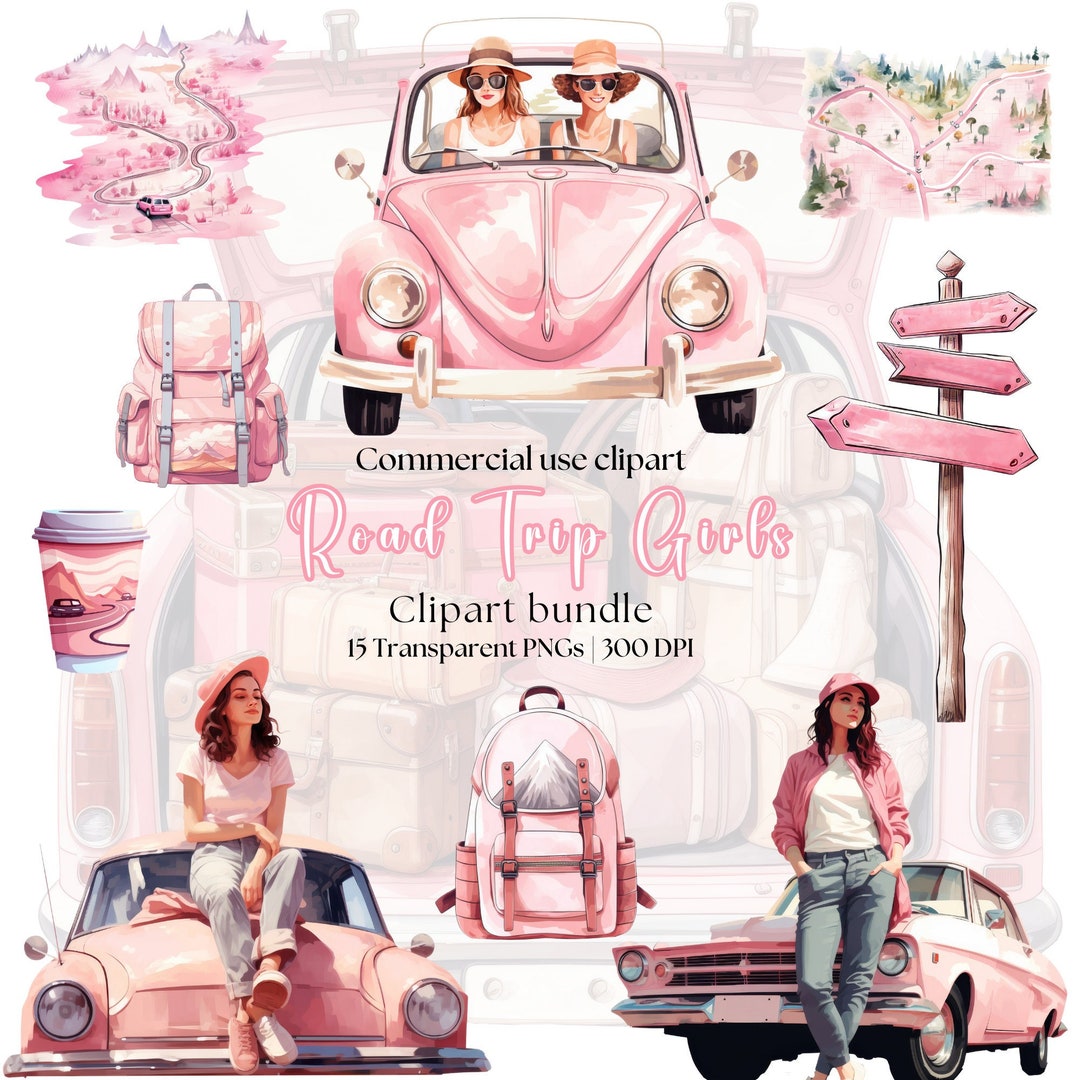 Watercolor Pink Road Trip Girl Clipart | Summer Vacation | Girls ...