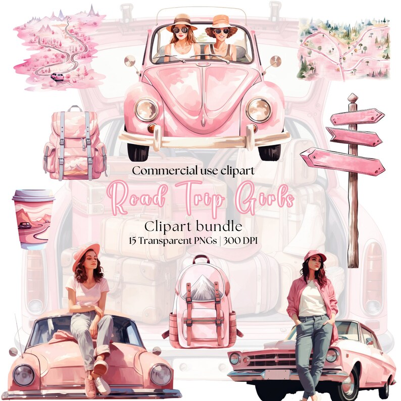 Watercolor Pink Road Trip Girl Clipart Summer Vacation Girls Weekend ...