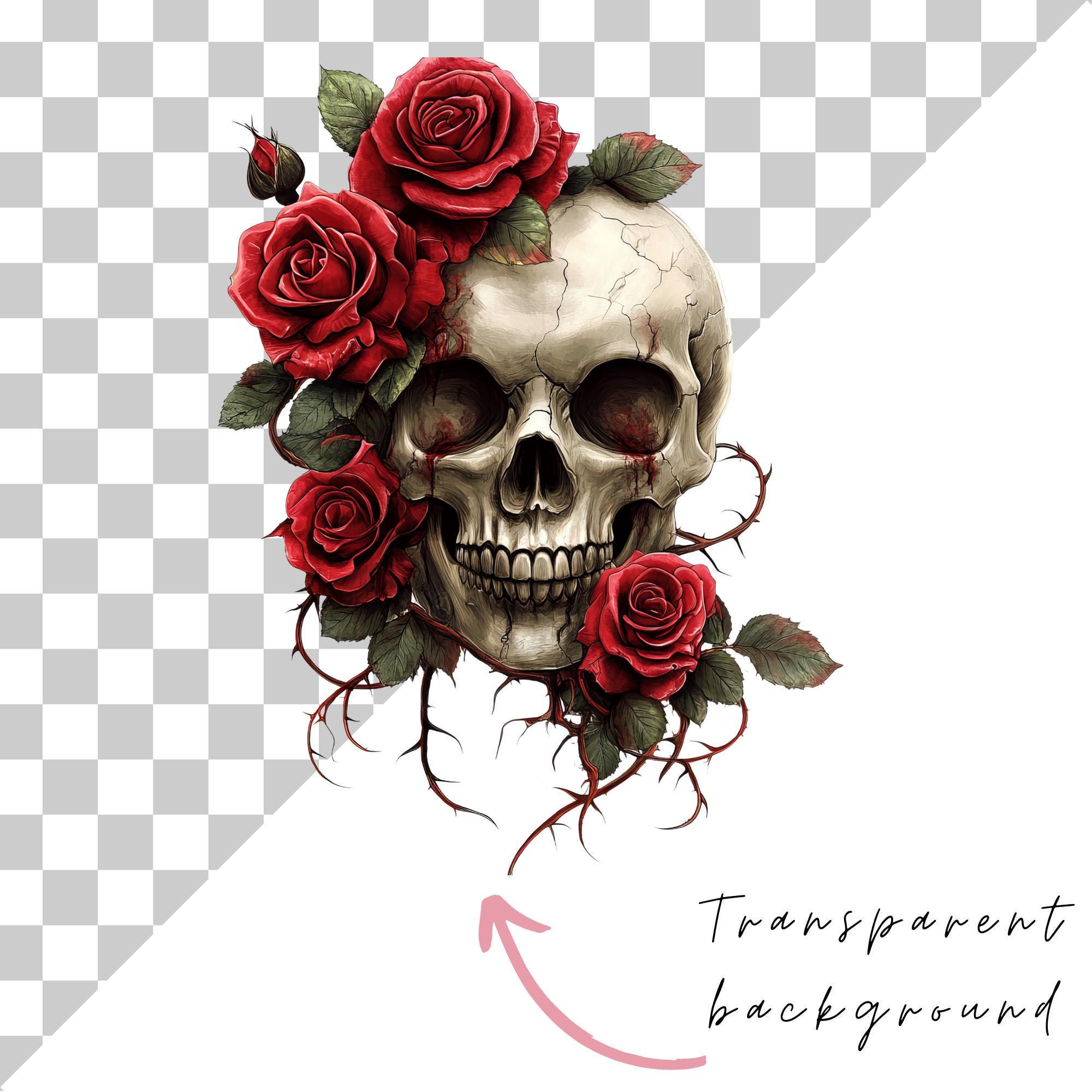 Skull and Roses Clipart: Gothic Tattoo Design PNG, Halloween Printable ...